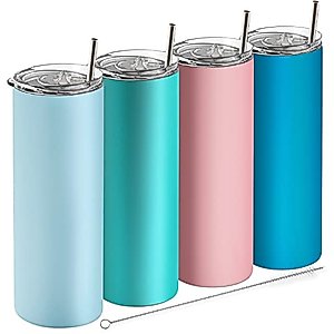 Earth Drinkware SKINNY TUMBLERS (4 pack) - 20oz Stainless Steel Double Wall Insulated Tumblers with Lids and Straws | Skinny Travel Mug, Straw Cleaner INCLUDED | Blanks For Vinyl Projects - Multi #4