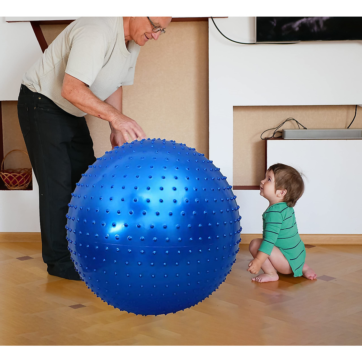 Large Sensory Massage Ball for Kids, 33.5" 85CM Bouncy Exercise Ball for Toddlers, Big Inflatable Ball with Tactile Spikes, Outdoor Ball Pool Ball Yoga Ball, Large Beach Ball (1 SET BLUE BALL)