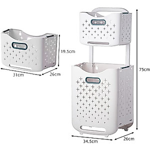 Laundry Baskets on Wheels, Laundry Trolley, Laundry Collector with 2 Layers, 2 Storage Baskets, Laundry Sorter for Bedroom, Bathroom for Clothes and Toys, Total 77L, Plastic, 75x34.5x26cm (New)