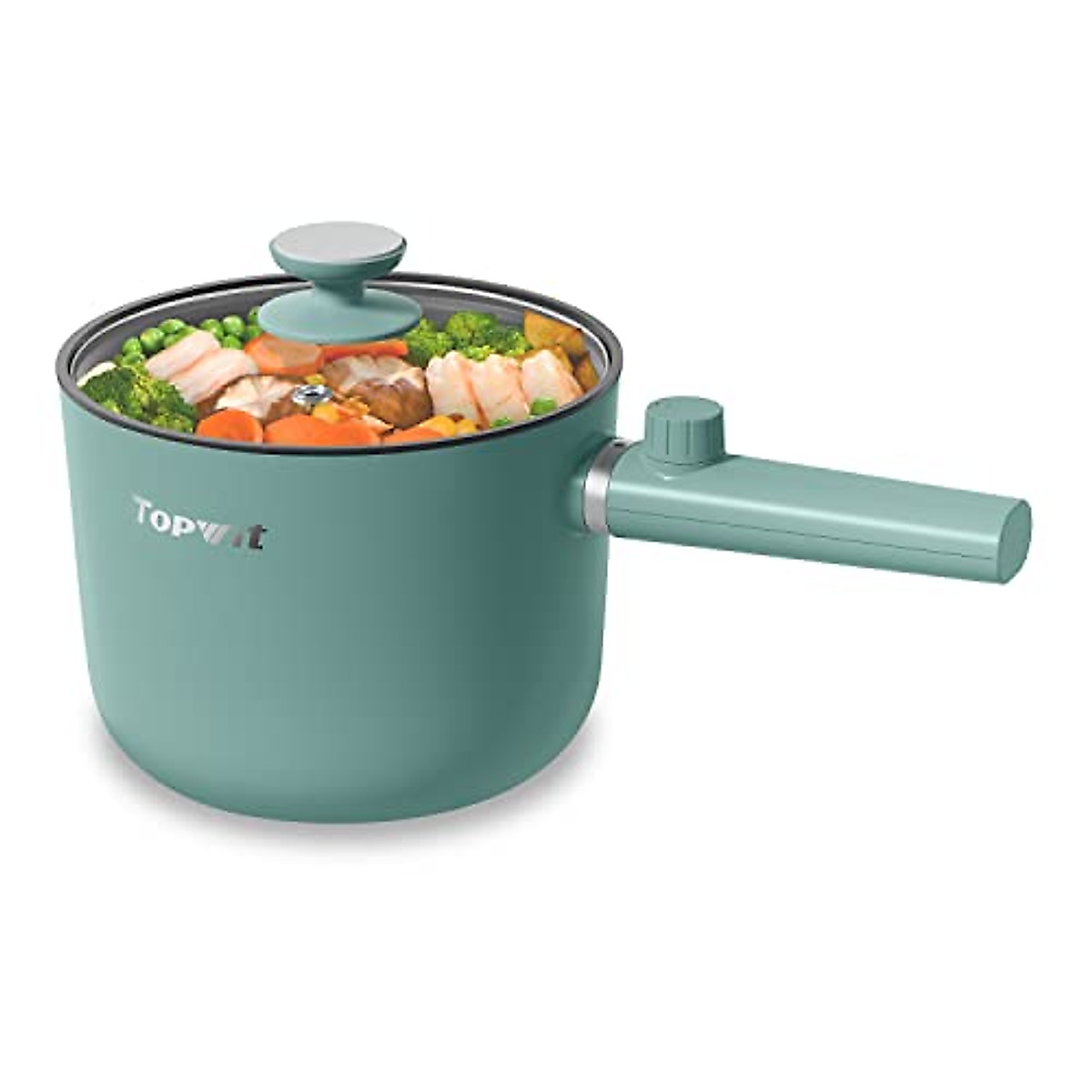 Topwit Electric Hot Pot, 1.5L Ramen Cooker, Portable Non-Stick Frying Pan, Electric Pot for Pasta, Steak, BPA Free, Electric Cooker with Dual Power Control, Over-Heating & Boil Dry Protection, Green