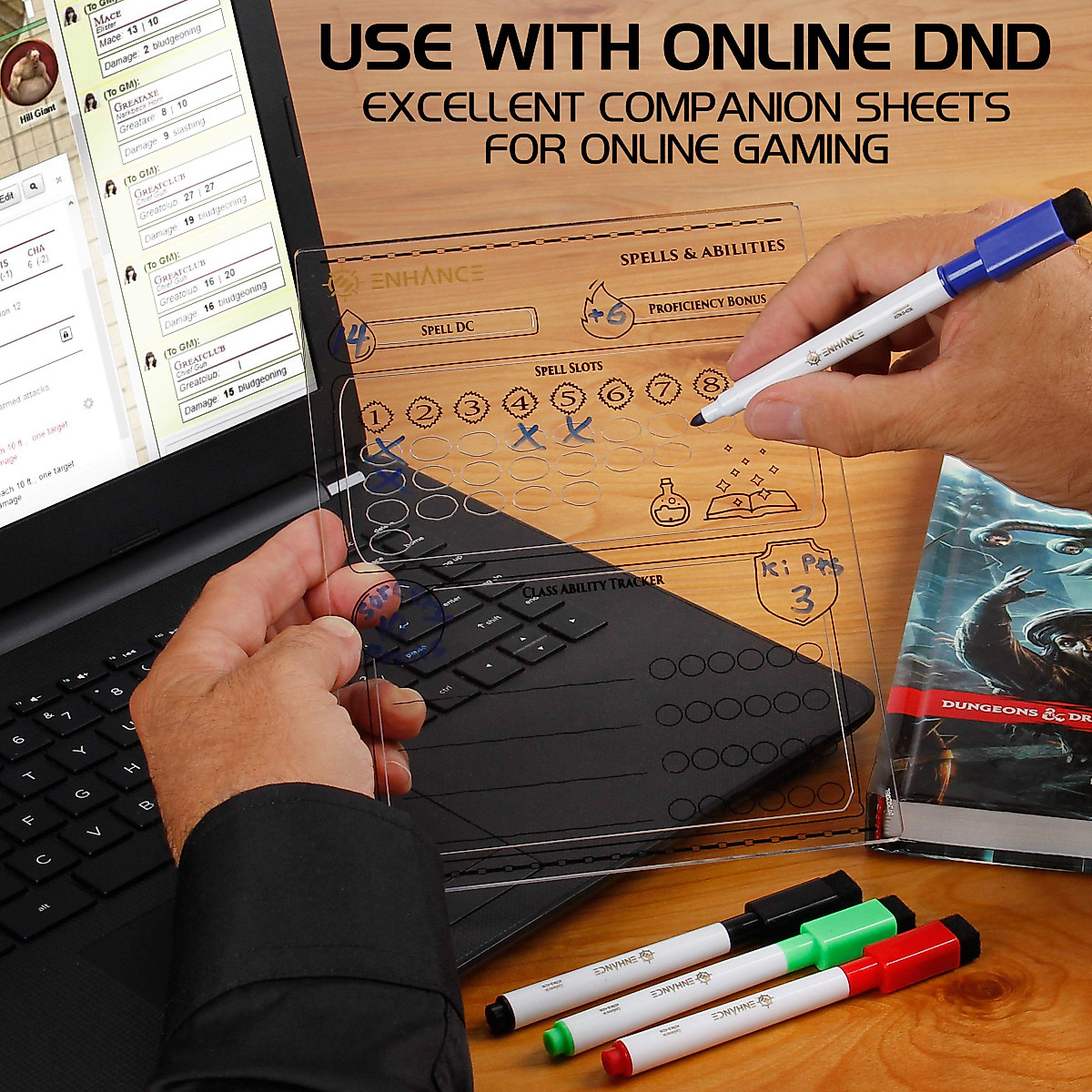 ENHANCE Tabletop Acrylic Character Sheet Set - Reusable 5e Dungeons and Dragons Character Sheets (Combat, Spell, Equipment) for All DND 5e Classes - Includes 3 Pages, Dry Erase Markers, Travel Pouch