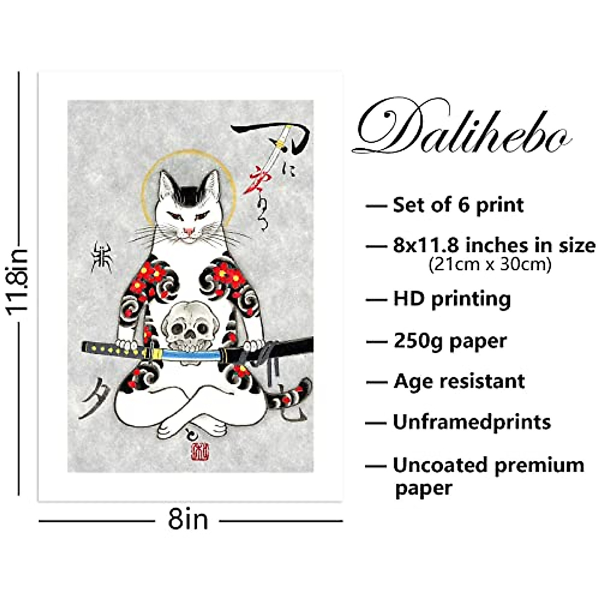 DALIHEBO Japanese Art Tattoo Cat Painting Wall Retro Art Poster Set of 6 Prints UNFRAMED (8x11.8 inch)