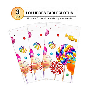 PHOGARY Sweet Candyland Tablecloth, 3 Pack Candies Theme Plastic Table Cover, Two Sweet Birthday Table Cloths Colorful Lollipop Tablecovers for Girls Party Candy Land Christmas Party Decoration