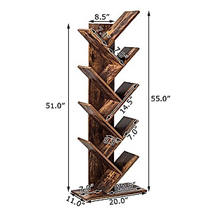 Tangkula 55-Inch Tree Bookshelf, 9-Shelf Free Standing Tree Bookcase, Bookshelves for Home Living Room Office Children’s Room, Display Stand for CDs/Albums/Books, w/Anti-toppling Device (Rustic Brown)