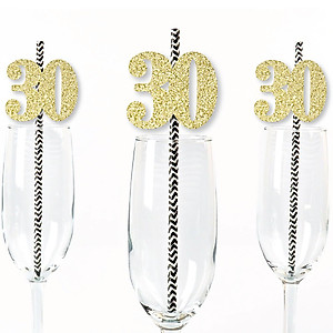 Gold Glitter 30 Party Straws - No-Mess Real Gold Glitter Cut-Out Numbers & Decorative 30th Birthday Party Paper Straws - Set of 24