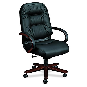 HON Pillow-Soft Leather Executive High-Back Chair - Wood Series Office Chair with Arms, Mahogany/Black Leather (H2191)