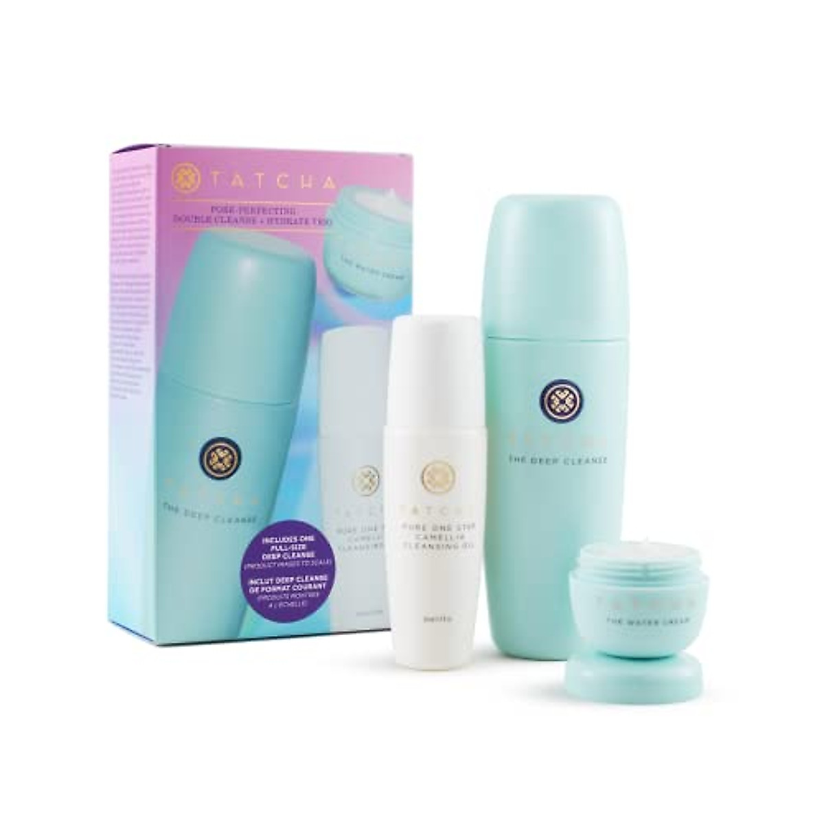 TATCHA Pore-Perfecting Double Cleanser + Hydrate Trio Set: The Deep Cleanse 5 oz, Pure One Step Camellia Cleansing Oil 1.7 oz & The Water Cream 0.33 oz