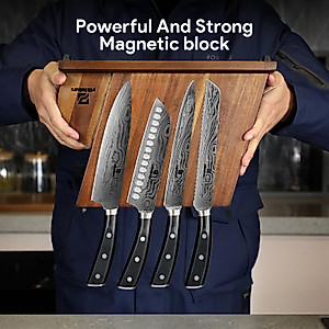 Piklohas Kitchen Knife Sets for Kitchen with Block, 17 Pieces with Magnetic Knife Holder, German High Carbon Stainless Steel Damascus Pattern Chef Knives Set with Sharpener, Steak Knives