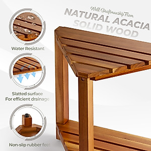 BLUEWEST Corner Shower Stool, Wooden Corner Shower Bench for Shaving Legs Inside Shower, Waterproof Shower Foot Rest with Storage Shelf, Shower Seats and Benches