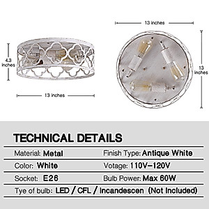 Bargeni Flush Mount Ceiling Light,13-inch Ceiling Light Fixture,3-Light Kitchen Light Fixtures,Rustic Antique White Finish,Farmhouse Light Fixtures for Bedroom,Living Room,Kitchen,Hallway and Foyer