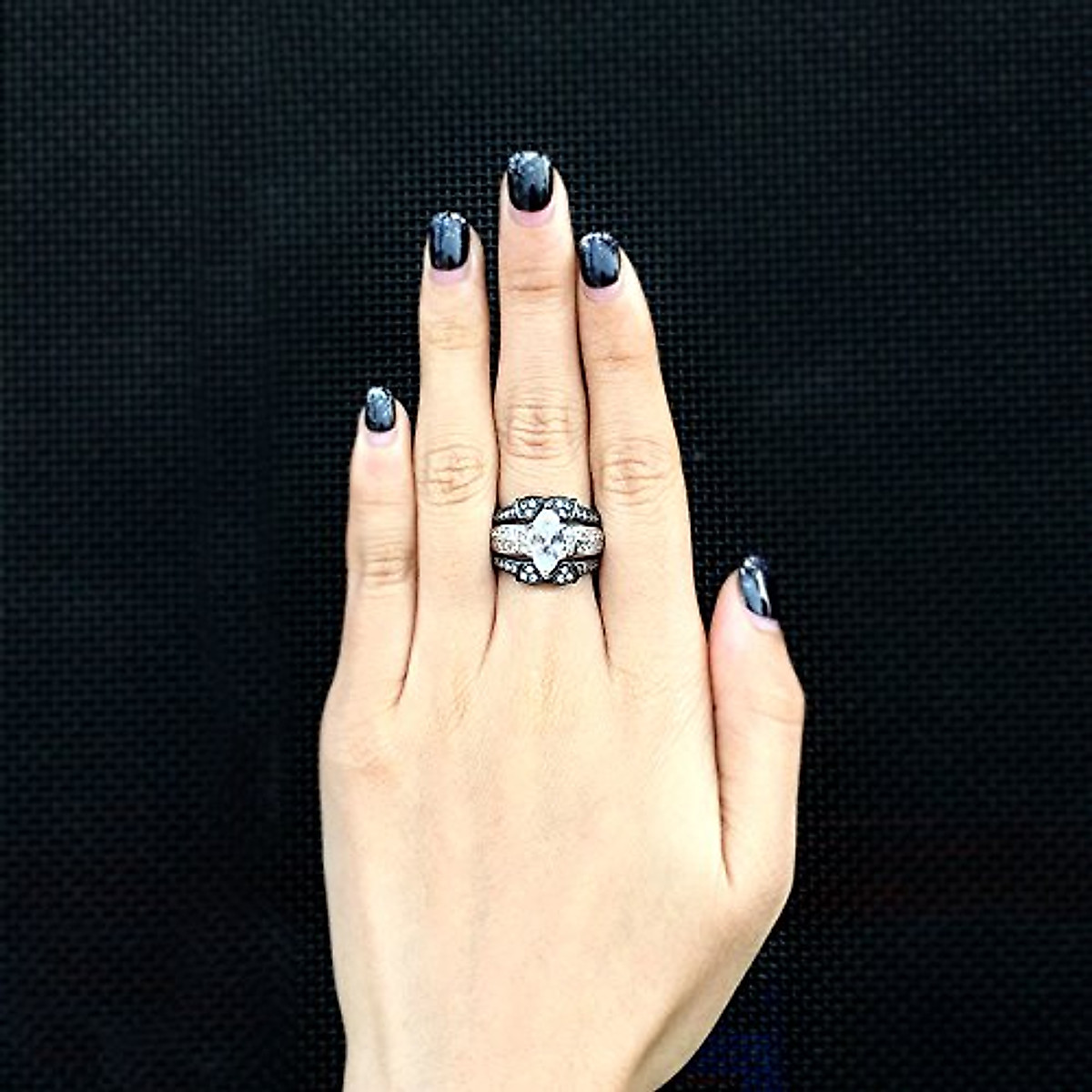 Double Fair 2 Color Women Fahion Jewelry Marquise Cut Cubic Zirconia Wide Band Rings (Size:5-10) (White And Black Mix, 5)