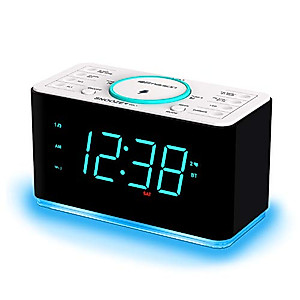 Emerson ER100401 Smartset 15Watt Ultra Fast Wireless Charging Dual Alarm Clock Radio with Bluetooth Speaker, USB Charger, Cyan LED Night Light and 1.4" Display