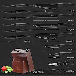Wanbasion 15Pcs Kitchen Knife Block Set with Sharpener, Sharp Kitchen Knives Set with Block, Stainless Steel Knife Set with Block Dishwasher Safe Black