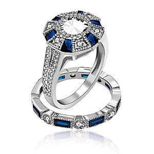 Uloveido Women's Platinum Plated Baguette Cut Blue Cubic Zirconia 2 Pcs Engagement Wedding Band Stacking Rings Set Gift (Size 6) RJ497