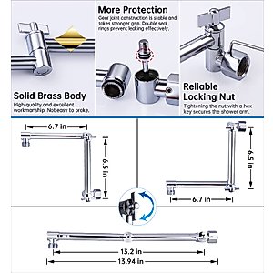 G-Promise Shower Head Extension Arm Solid Brass Adjustable Extender with Lock Joint, Standard 1/2", Rise or Lower Rainfall and Fixed Shower Head, 13" Height/Angle Adjustable Extension Arm Attachment