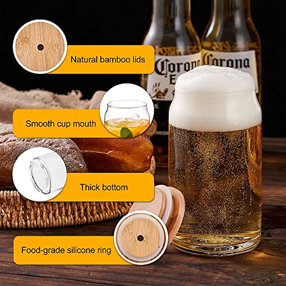 RLCOEUS Set of 4 Drinking Glass Cup with Bamboo Lids and 6 Glass Straws - Can Shape Beer Glasses for Smoothie, Whiskey, and Cocktails, 2 Cleaning Brushes