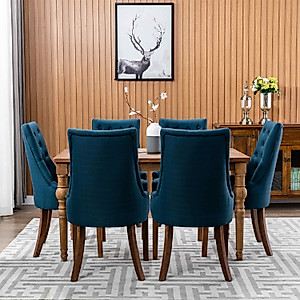 COLAMY Wingback Upholstered Dining Chairs Set of 6, Fabric Side Dining Room Chairs with Tufted Button, Living Room Chairs for Home Kitchen- Dark Blue