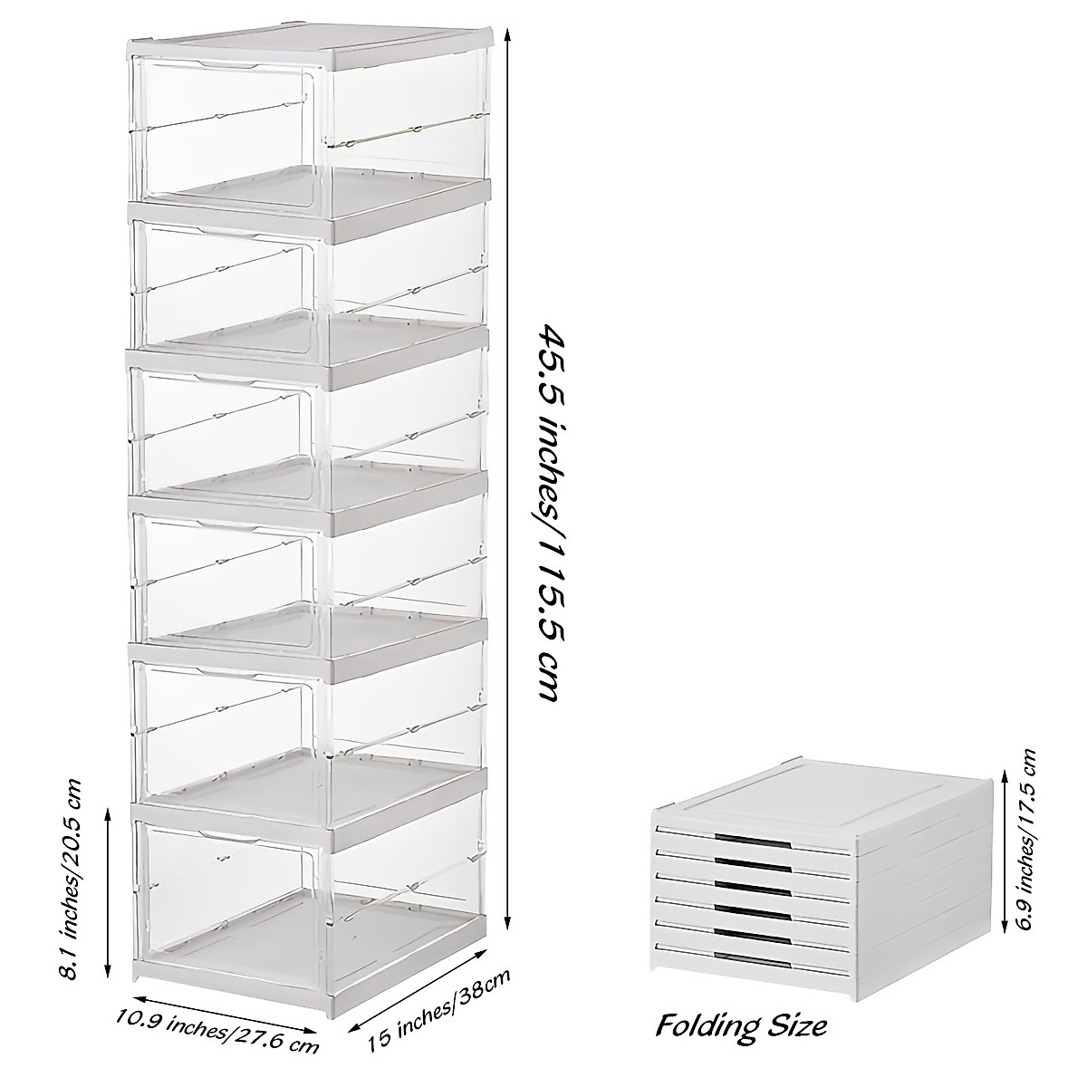 FUYUN Plastic Shoe Organizer - Stackable and Foldable 6-Tier Shoe Boxes for Closet, Clear and Space-Saving Sneaker Containers, No Assembly Required