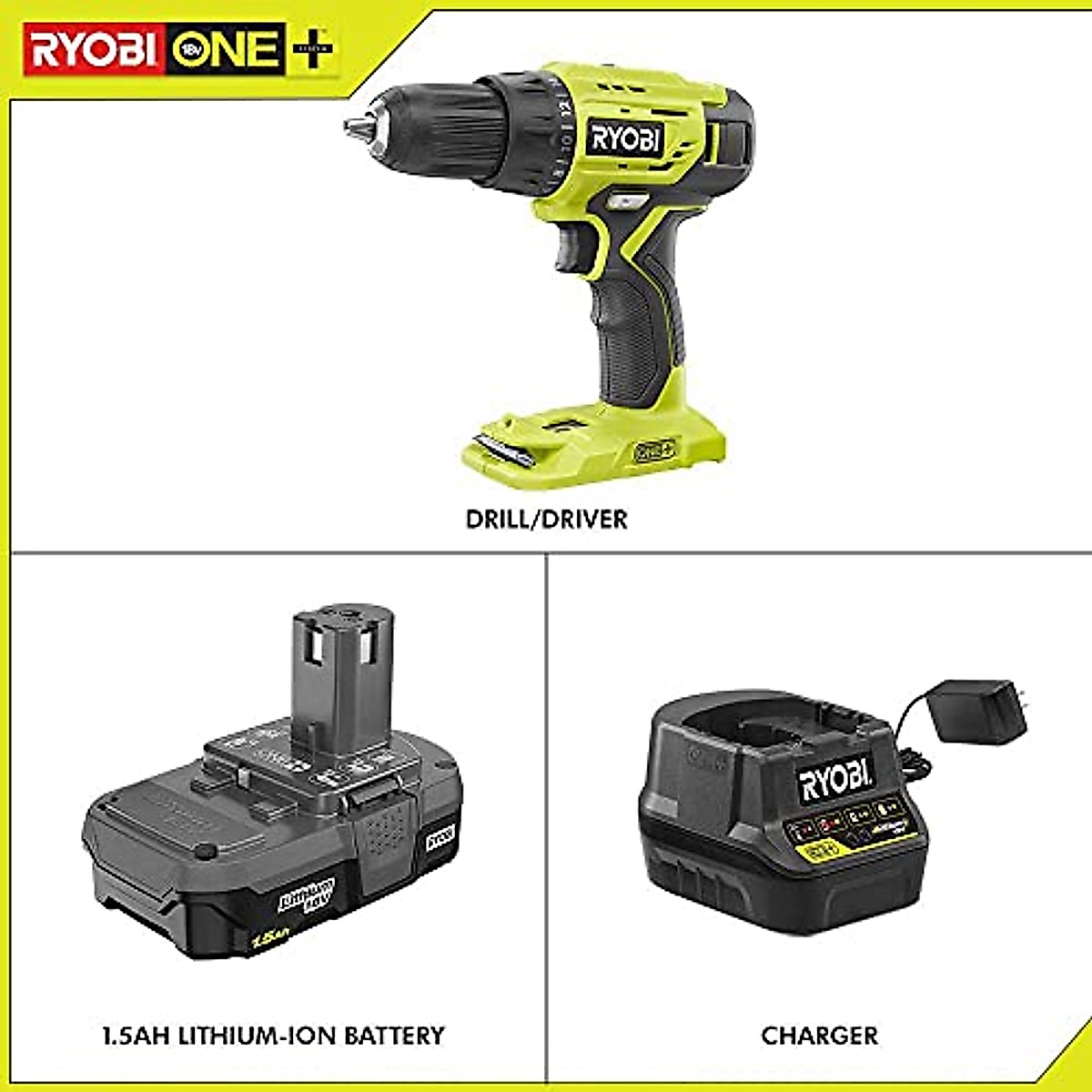 Ryobi P215K 18-Volt ONE+ Lithium-Ion Cordless 1/2 in. Drill/Driver Kit with (1) 1.5 Ah Battery and 18-Volt Charger