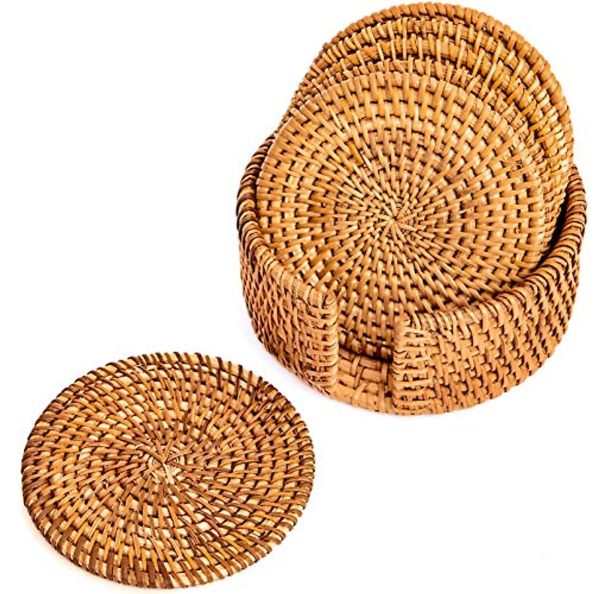 Artera Handmade Natural Rattan Coasters - Round Straw Woven Trivet for Teacup, Wicker Heat Resistant Plate Pad for Hot Pots and Pans, Non-Slip 6 Piece Coaster Set with Holder