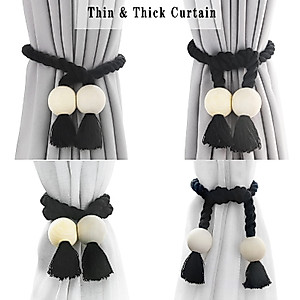 Porlau 2 Pack Black Magnetic Curtain Tiebacks Cotton Hand Woven Tieback Holdback Decorative Tie Backs for Drapes with Wooden Buckle No Tools Required