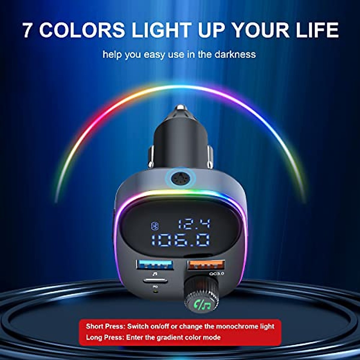 Bluetooth 5.3 FM Transmitter for Car Radio [2023 New], SOARUN Bluetooth Car Adapter [PD 20W+QC 3.0] [Large LCD Screen], Supports Handsfree Call Siri Google Assistant U Disk, 7 Color LED Backlit