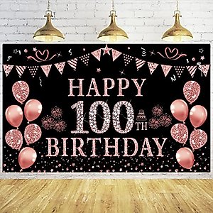Trgowaul 100th Birthday Decorations for Women - Rose Gold 100th Birthday Backdrop Banner, Happy 100th Birthday Party Supplies, Pink 100 Years Old Birthday Sign Poster Photography Background Decor