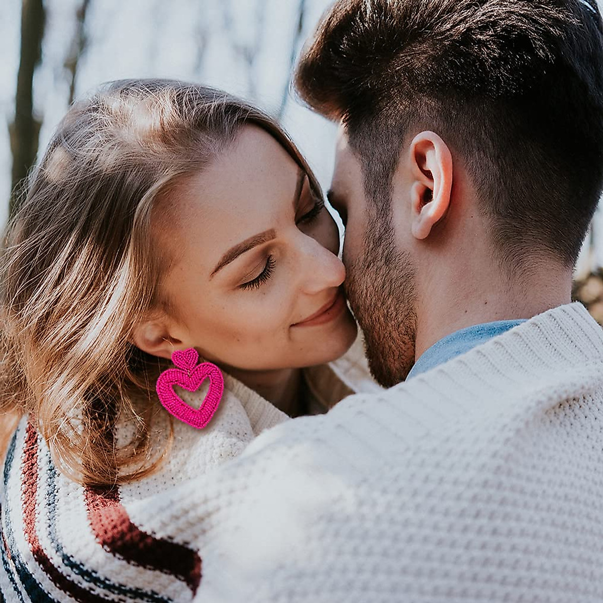 Bead Dangle Earrings for Women Beaded Heart Dangle Earrings Bohemia Statement Bead Drop Earrings Studs Valentine’s Day Heart Beaded Earrings Gifts