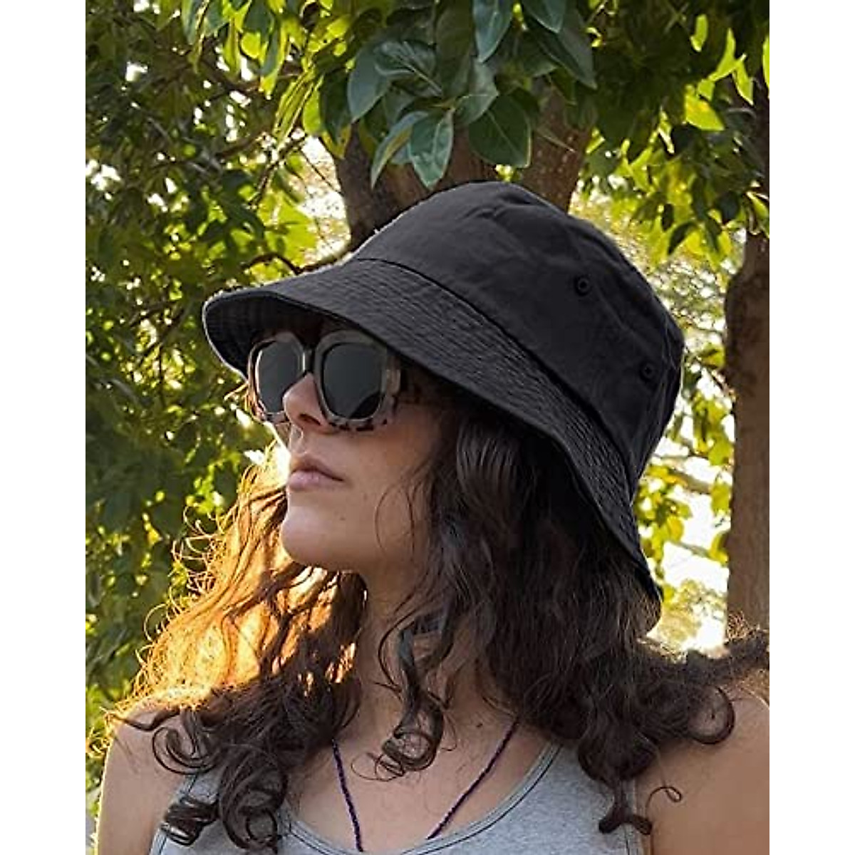 Camptrace Bucket Hat for Women Men Canvas Washed Cotton Trendy Distressed Womens Summer Beach Sun Hats with Detachable String (Black, Large)