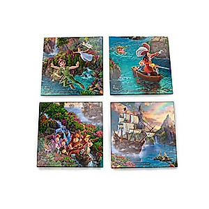 Disney Peter Pan Glass Coaster Set Decor - Thomas Kinkade - Comes with Stylish Modern Wooden Holder
