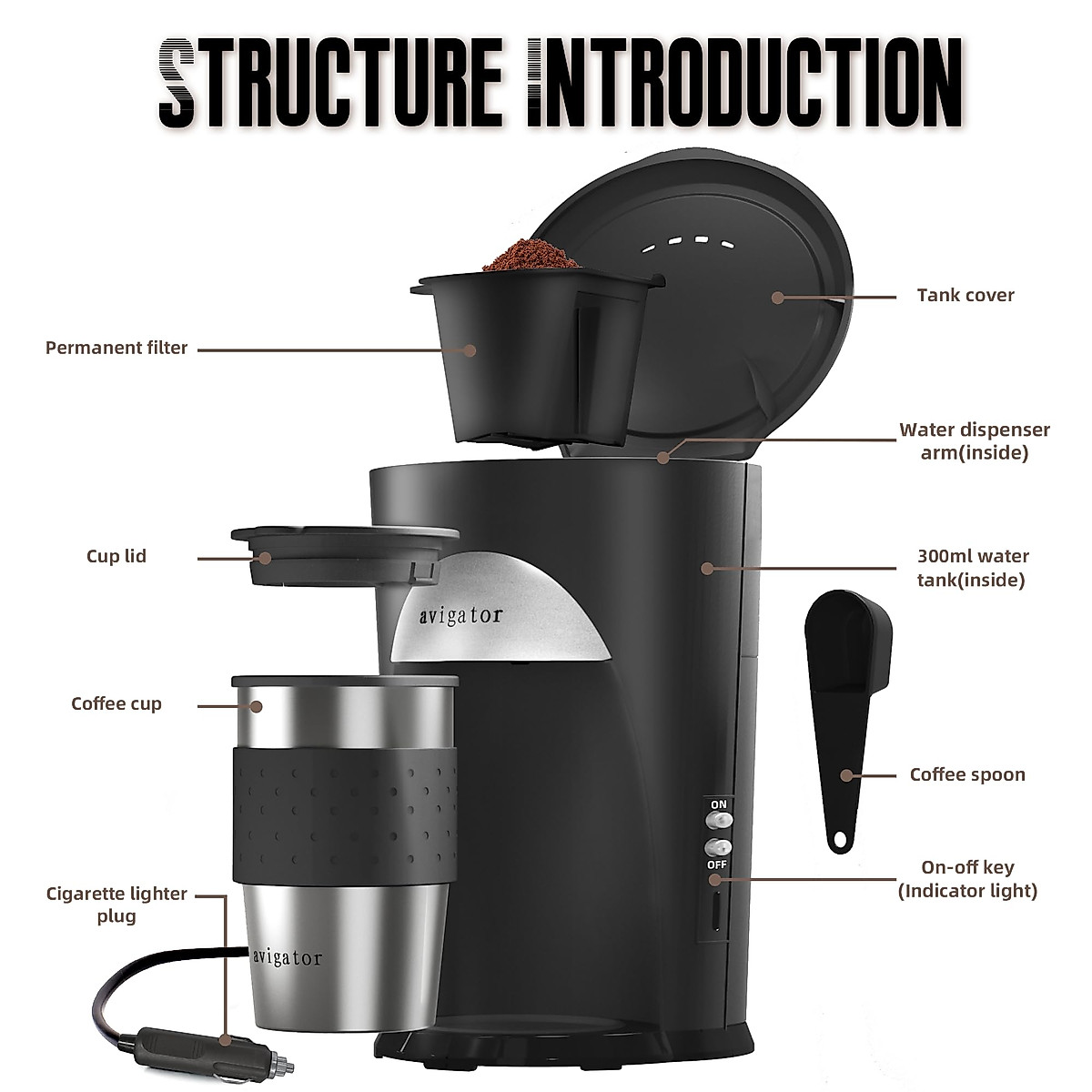 avigator Portable Coffee Maker, 12V Car Coffee Maker, Travel Coffee Machine Fits Car Cigarette Lighter Plug, Auto Shut Off, Ground Coffee Maker for Driving Camping&RV（Silver Black）