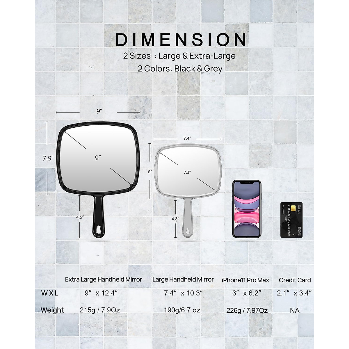 PROTECLE Large Hand Mirror, Salon Barber Hairdressing Handheld Mirror with Handle (Square Black 10.3"x7.4")