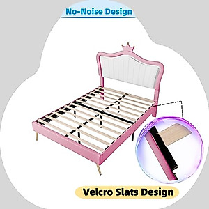 Linique Queen Size Upholstered Bed Frame with LED Lights, Modern Upholstered Princess Bed with Crown Headboard, White+Pink