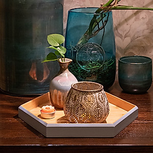 Serving Tray Hexagon Large Decorative Tray, 12" Seasoning Organizer for Kitchen, Candle Holder Tray, Bread Plates, Food Tray Platter, Fruit Trays, Dinner Plates by Tessie & Jessie (Blue, Small)