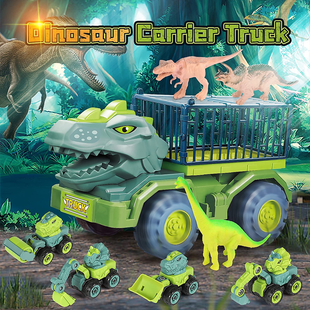 Dinosaur Carrier Truck Toys: burgkidz Kids Transport Playset with 4 Take-Apart Dino Cars & 3 Realistic Dinos Figures, Excavator Toy, Friction Powered Cars Toy Gifts for Kids Boys Girls 3 to 5 Years