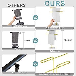 Alsonerbay Hand Towel Holder Marble, Double T Hand Towel Stand for Bathroom Counter Gold, 17" Height Free Standing Hand Towel Rack with Heavy Base for Kitchen or Vanity Countertop