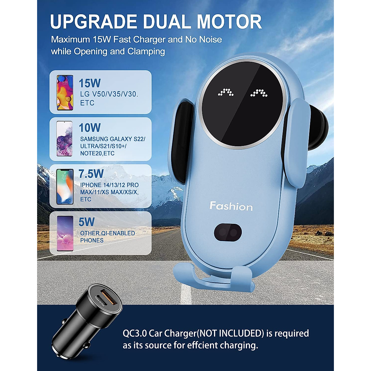 Wireless Car Charger, Phone Mount for Car Wireless Charger Smart Sensor Air Vent, Automatic Clamping Phone Holder Compatible with iPhone 14/13/12/11//XS/XR/8, Samsung S22/S21/S20/Note 20, etc(Blue)