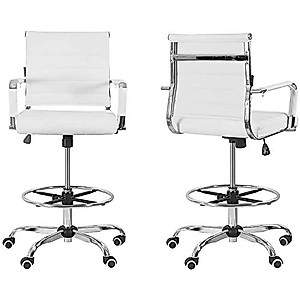 LUCKWIND Drafting Chair Tall Office Chair Ribbed - Mid-Back PU Leather Standing Desk Stool with Adjustable Foot Ring Padded Armrests Tilt-Tension Rocker Lumbar Support Swivel Rolling 400lbs, White