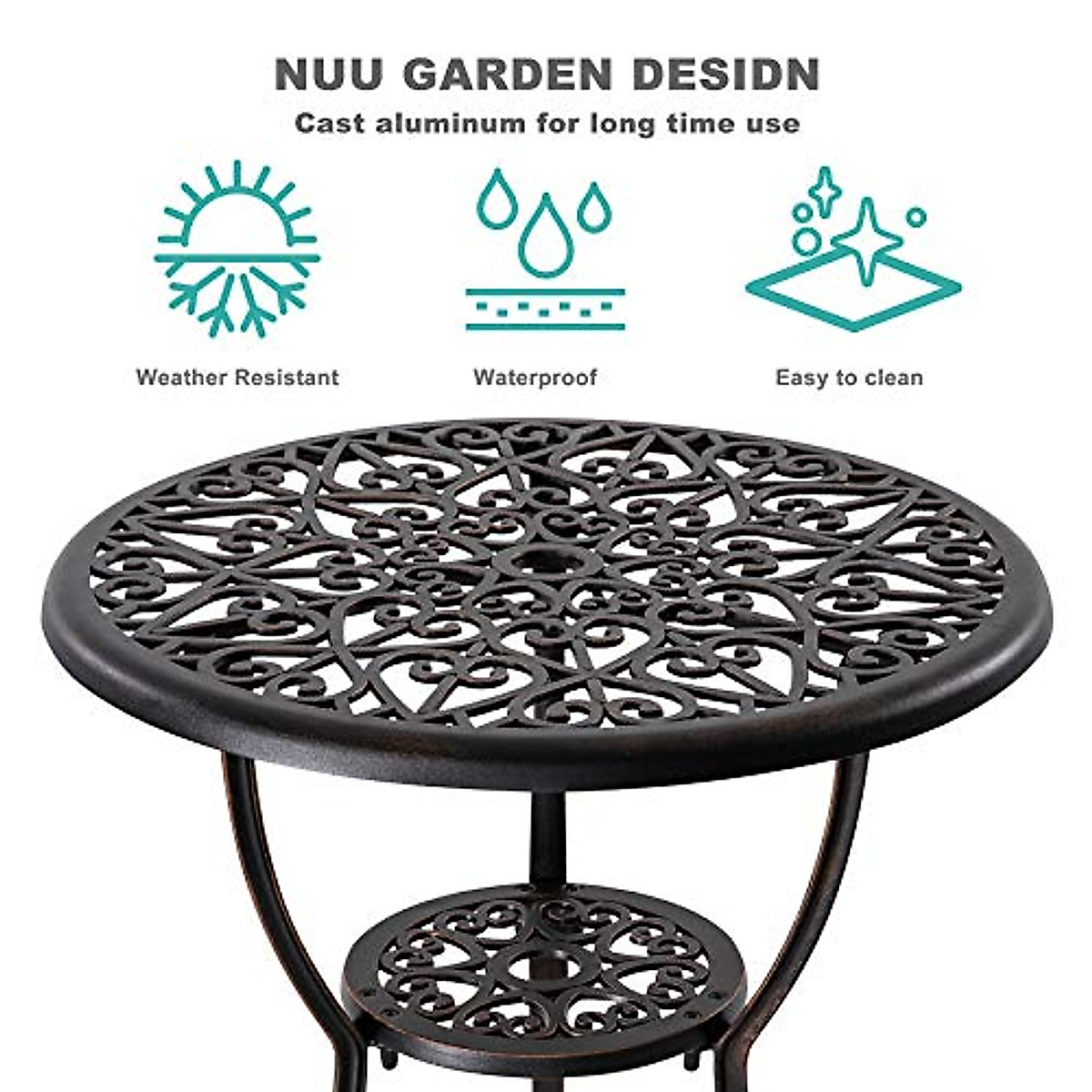 Nuu Garden 3 Piece Outdoor Bistro Table Set, All Weather Cast Aluminum Patio Bistro Sets Patio Table and Chairs Set of 2 with Umbrella Hole for Yard, Balcony, Black