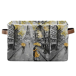 xigua Paris Eiffel TowerParis Theme Collapsible Canvas Square Storage Basket,Waterproof Laundry Basket with Leather Handle for Home Decor,14.2 x 10.2 x 8.3 Inch