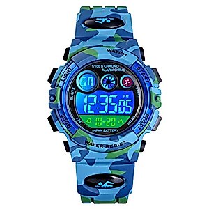 Tonnier Watch Kids Sports Watch Multi Function Digital Watches Colorful LED Display Waterproof Wristwatches for Children with PU Band Blue