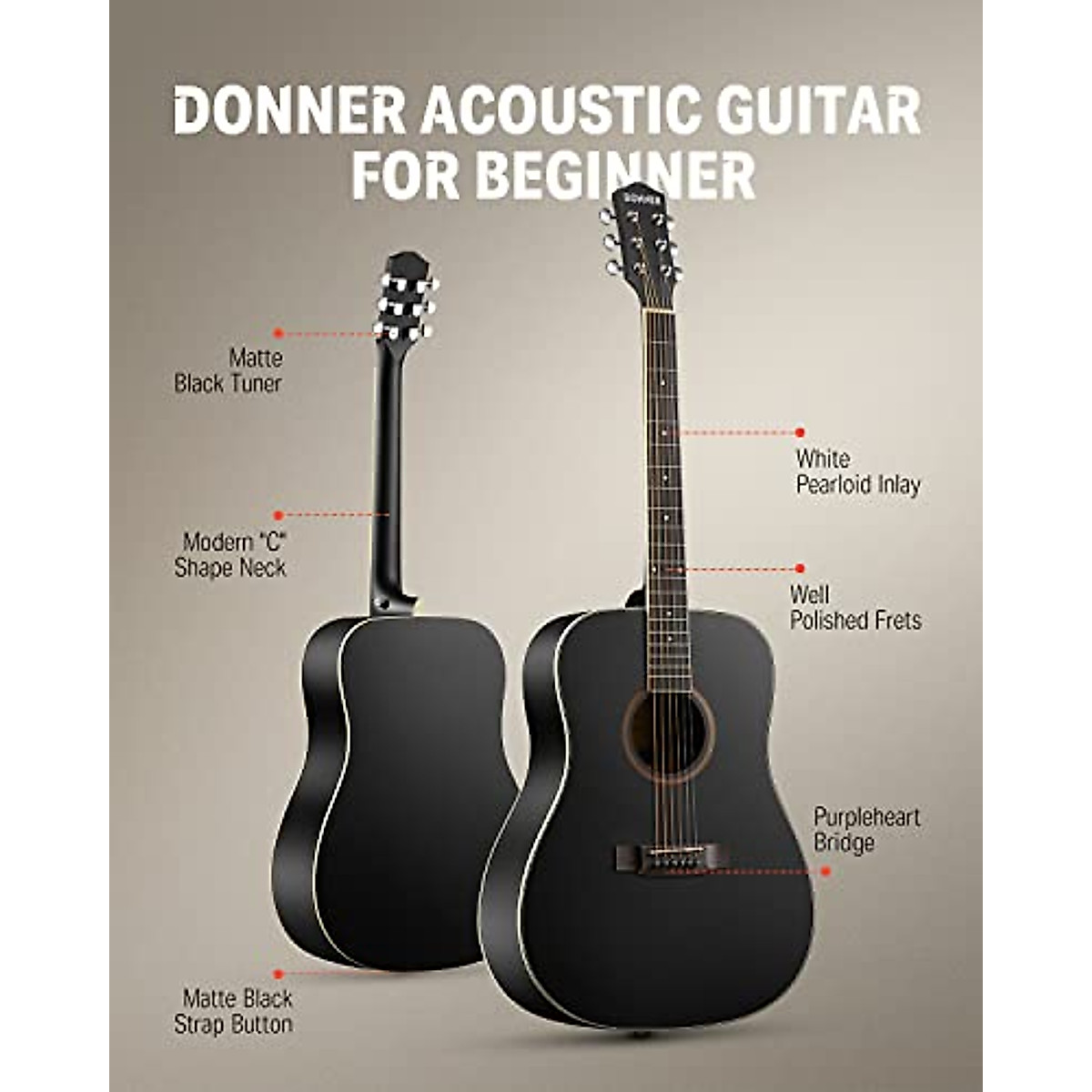 Donner 41'' Full Size Acoustic Guitar - Complete Beginner Kit for Adults, Teens with Free Online Lesson, Dreadnought Acustica Guitarra Bundle Set with Gig Bag, Strap, Tuner, Pickguard, Black DAG-1B