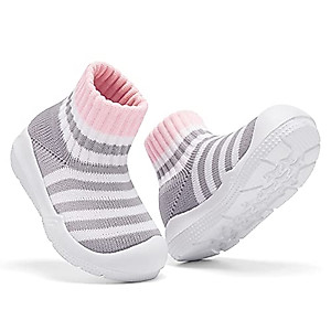 MORENDL Baby Walking Sock Shoes 2 Tiny Feet Infant Slippers Toddler Girl Boy Non-Slip Soft Sole Slip On House Shoes Pinkstripe 18-24 Months