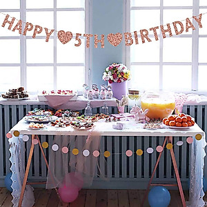 Rose Gold 5th Birthday Banner, Glitter Happy 5 Years Old Boy or Girl Party Decorations, Supplies