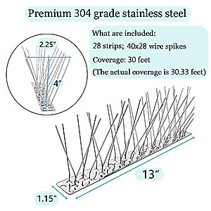 PANGCH Bird Spikes for Pigeons Small Birds,Stainless Steel Bird Spikes -No More Bird Nests & Poop-Disassembled Spikes 28 Strips 30.33 Feet Coverage
