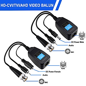 Passive Video Balun Connector 8 Pairs Passive Video Power Balun Audio 960P/1080P/2MP BNC to RJ45 Network Transceiver Cat5e/Cat6 Adapter AHD/TVI/CVI/CVBS for Full HD Surveillance Camera System Balun83