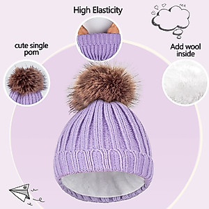 Kids Winter Knit Beanie Hat Scarf and Gloves Set for Girls Boys Warm Thick Fleece Lined Thermal Purple Skull Cap Mittens Infinity Scarf Neck Warmer with Pompom for 6-10 Years Old Baby Toddler Children