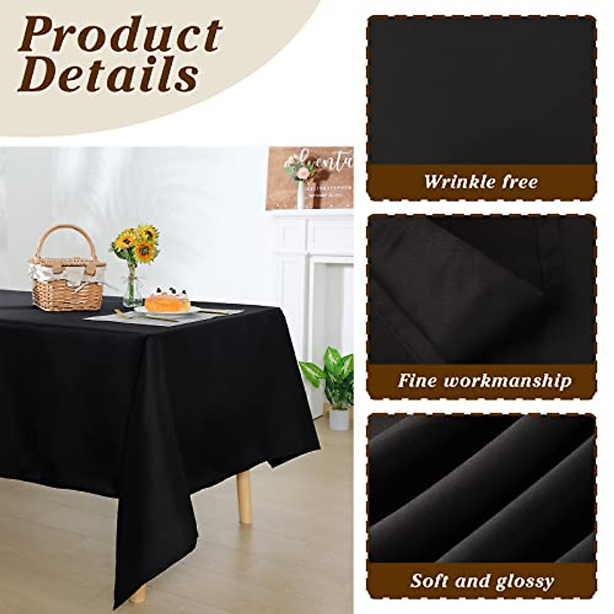 Black Tablecloth 6pcs 60x102, Table Cloth for 6 Feet Rectangle Tables, Waterproof and Wrinkle Resistant Washable Decorative Fabric Table Cover for Dining Table, Party and Outdoor Use