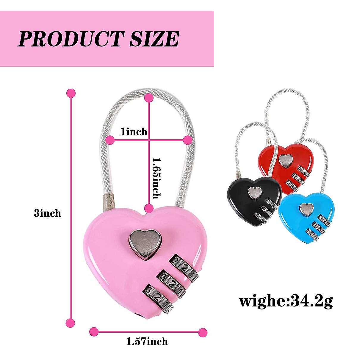 Generic 4-Piece Combination Lock with Heart Shape Code, Keyless and Resettable, Zinc Alloy Body and Hard Steel Rope, Ideal for Luggage, Backpacks, Jewelry Boxes, and More