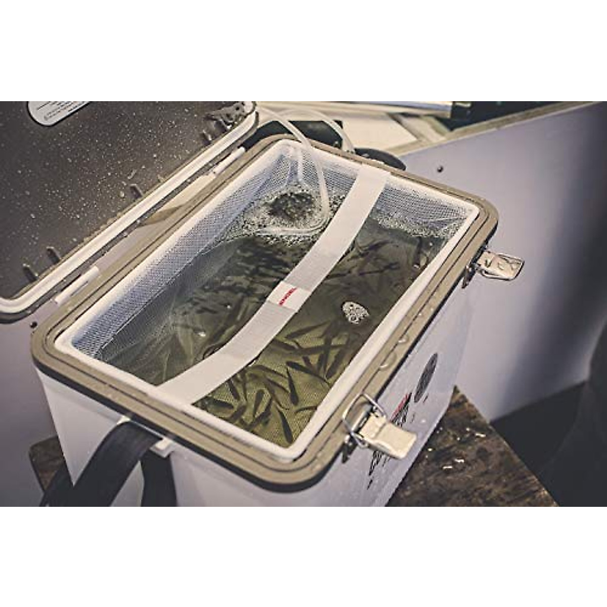 Engel 30qt Live Bait Cooler Box with 2nd Gen 2-Speed Portable Aerator Pump and 4 x Fishing Rod Holder Attachments. Fishing Bait Station and Minnow Bucket in LBC30-RH in White